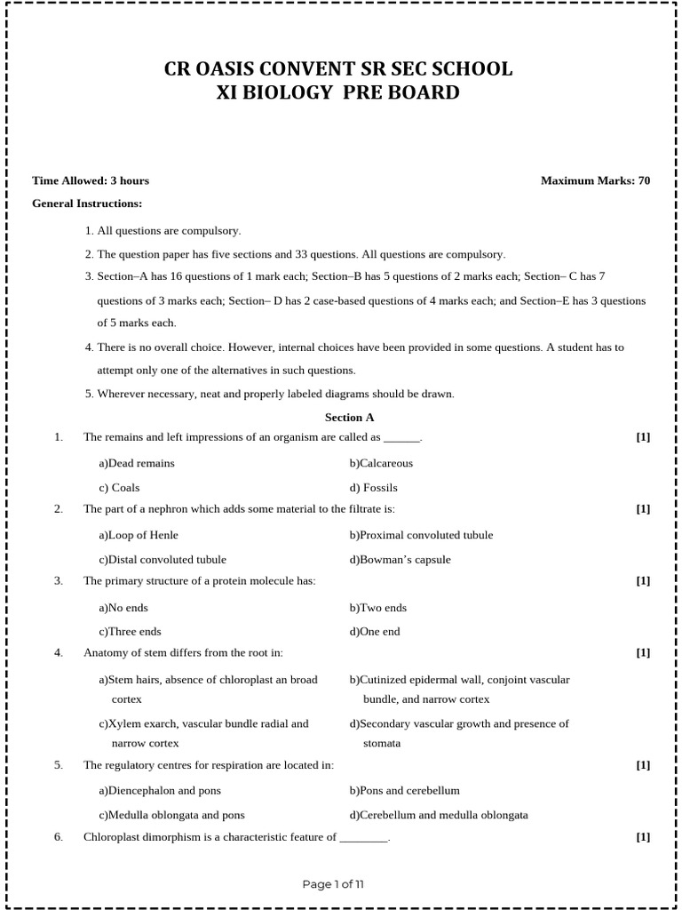 Biology Pre-Board Exam Question Paper | PDF | Protozoa | Cell (Biology)