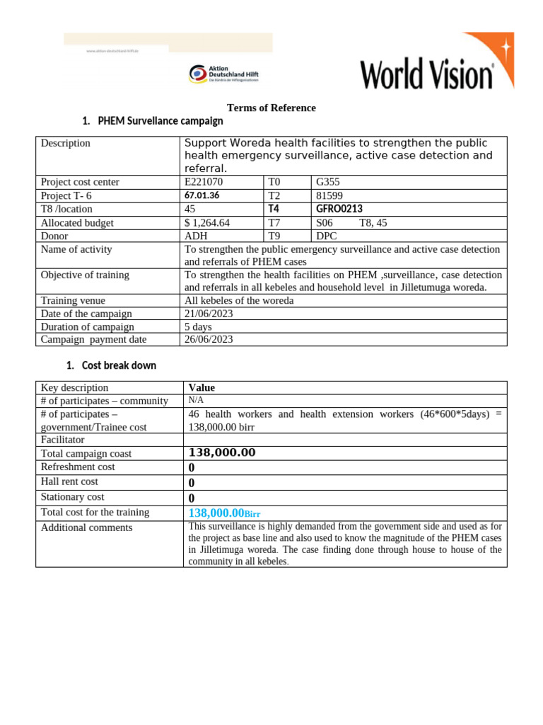 PHEM Survellance Early Case Detection TOR | PDF