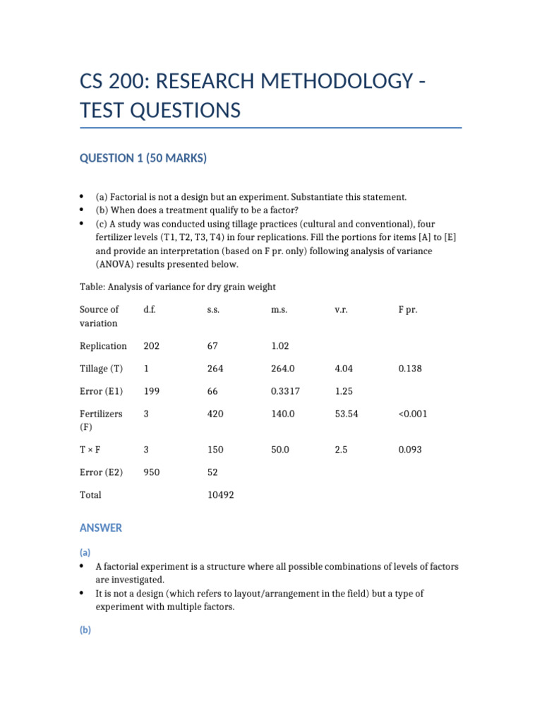 Research Methodology Test Questions | PDF | Analysis Of Variance ...