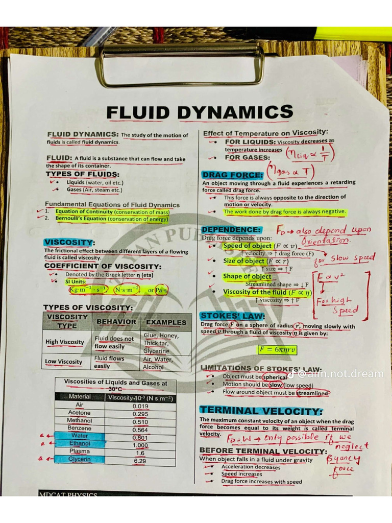 Fluid Dynamics Notes - by Smart MDCAT Coaching | PDF