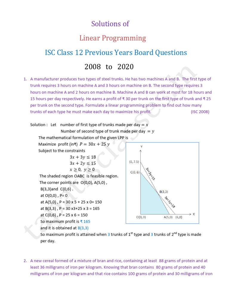 ISC Class 12 Linear Programming Solutions | PDF | Fertilizer | Linear ...
