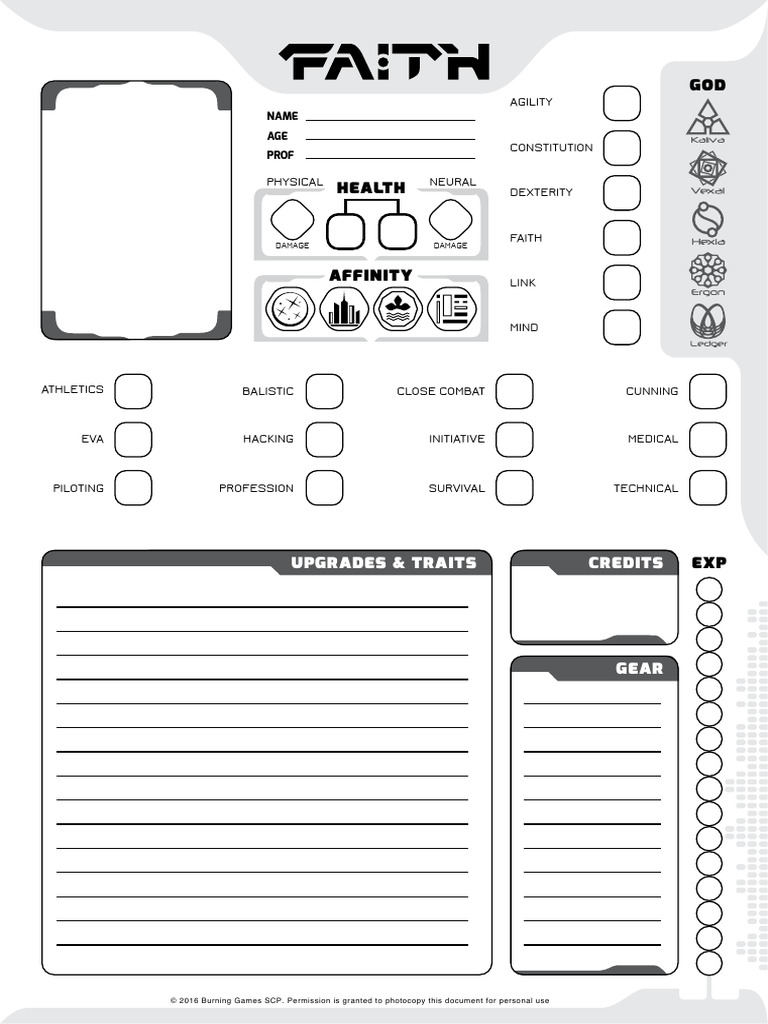 FAITH - The Sci-Fi RPG - Character Sheet (PF) | PDF