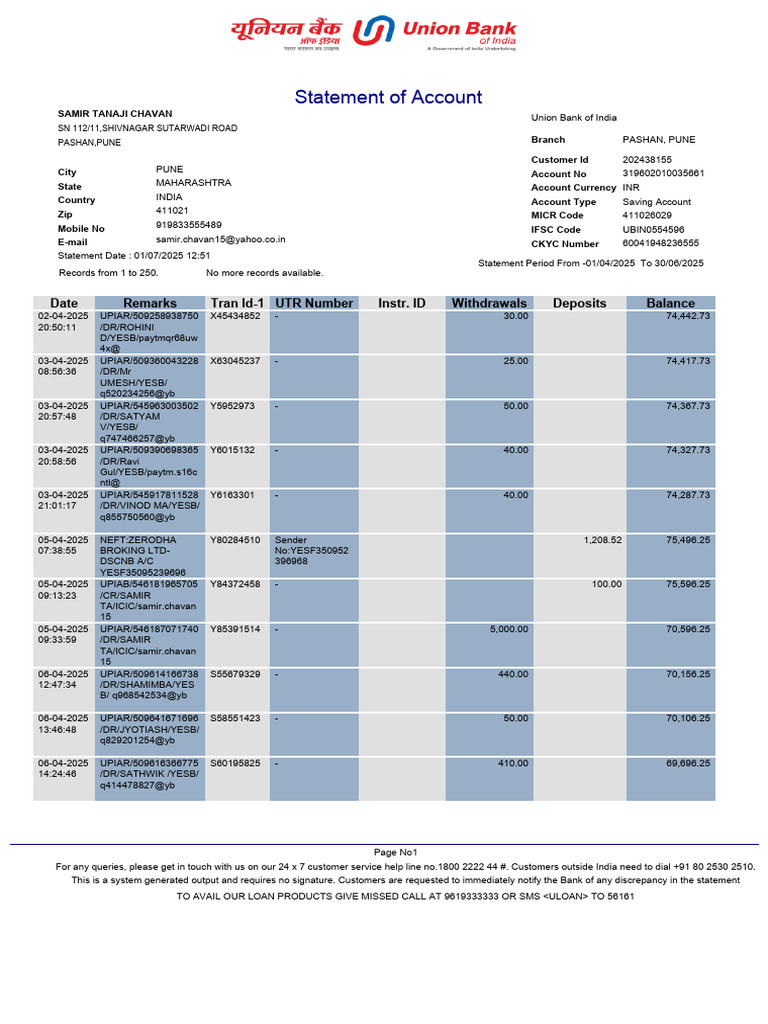 UBI Bank Statement - 1.4.25 To 30.6.25 | PDF | Banks | Financial Services