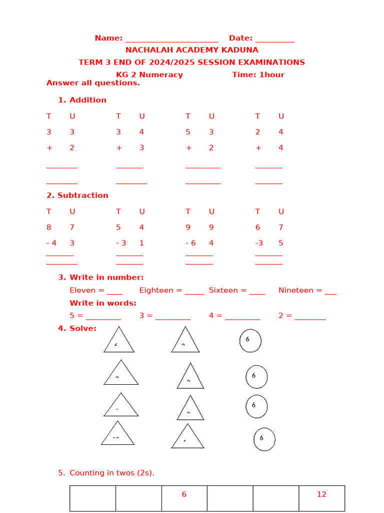 KG2 Numeracy Exam Questions | PDF