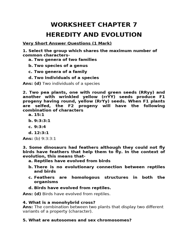 Heredity and Evolution Worksheet | PDF | Reproduction | Evolution