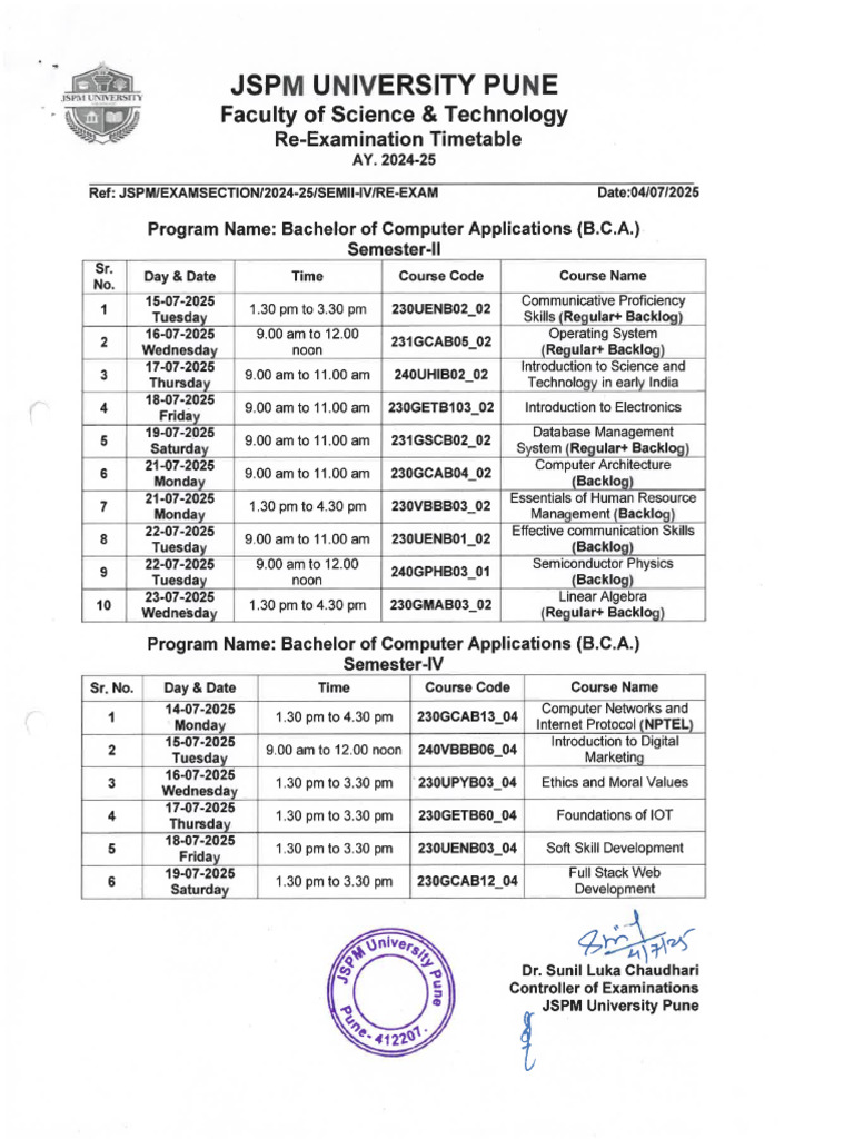 BCA Reexam Timetable II and IV Semester | PDF