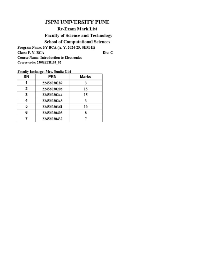 IE Re-Exam Marks List July 2025-FY BCA Division C | PDF