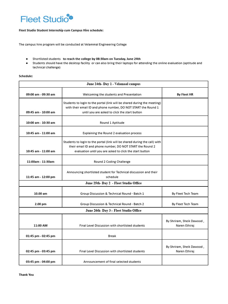 Velammal College Internship Schedule | PDF