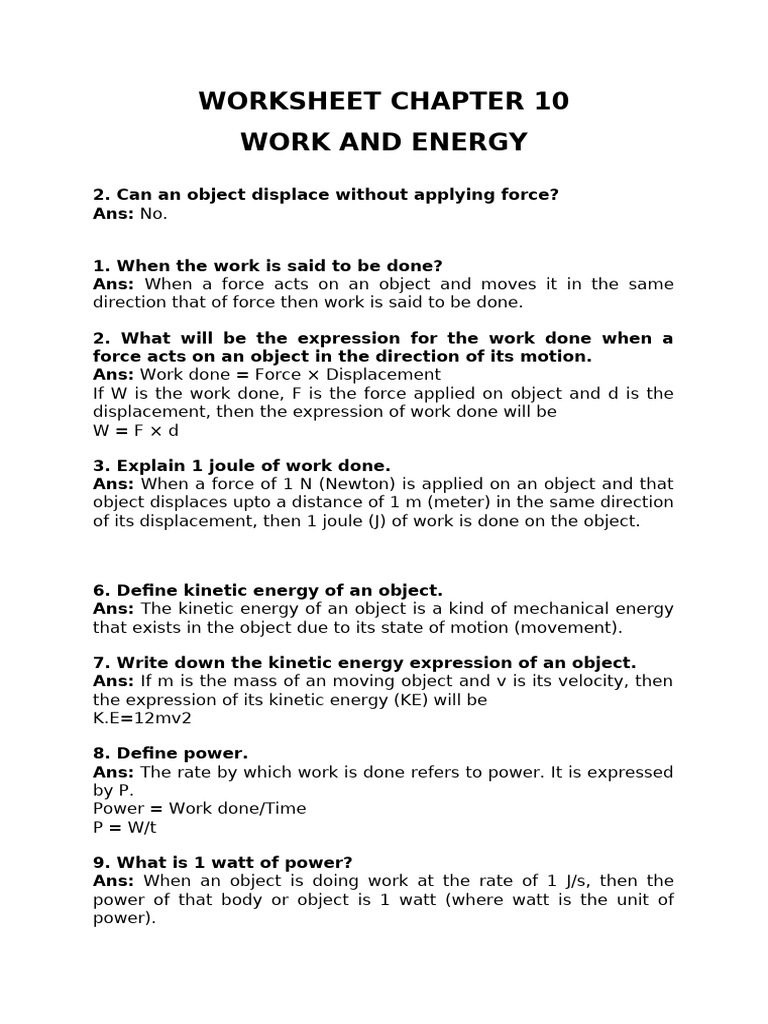 Theoretical Worksheet Chapter 10 Work and Energy Class 9 Science | PDF ...