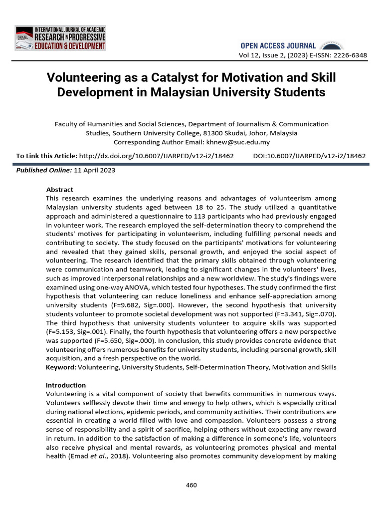 Volunteering As A Catalyst For Motivation and Skill Development in ...