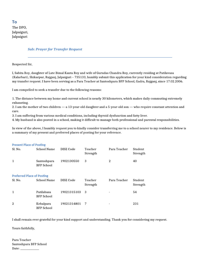 Sabita Roy Transfer Application Detailed | PDF
