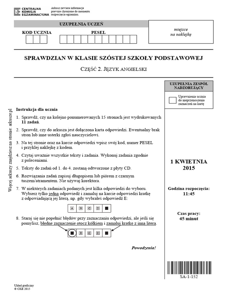 Jezyk Angielski 2015 Sprawdzian Szostoklasisty | PDF
