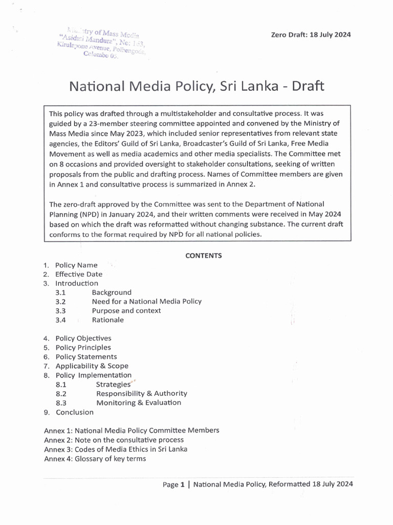 National Media Policy - Draft English | PDF