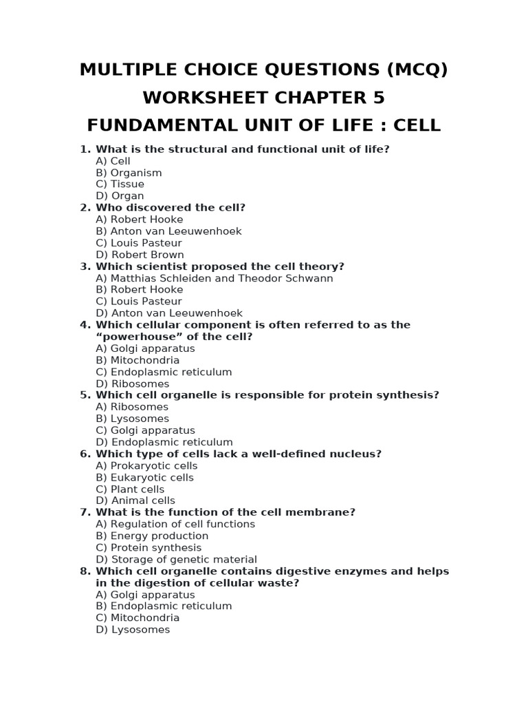 Chapter 5: Cell MCQs for Class 9 | PDF | Cell (Biology) | Cell Biology