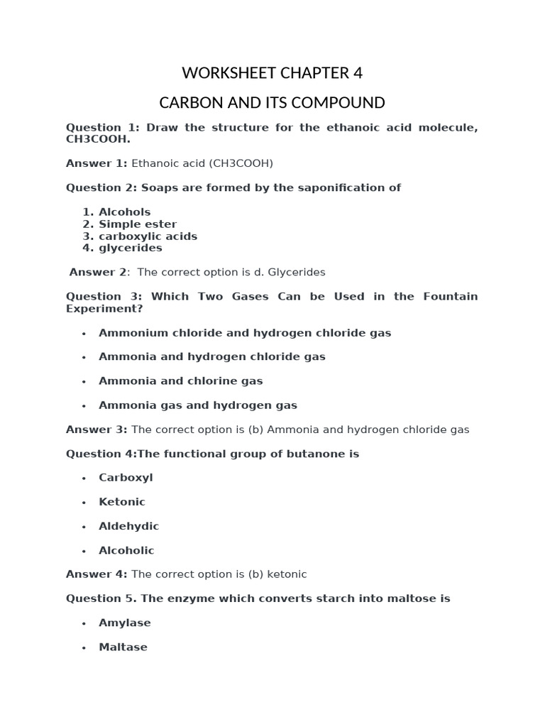 Carbon Compounds Worksheet for Class 10 | PDF | Ethanol | Acetate