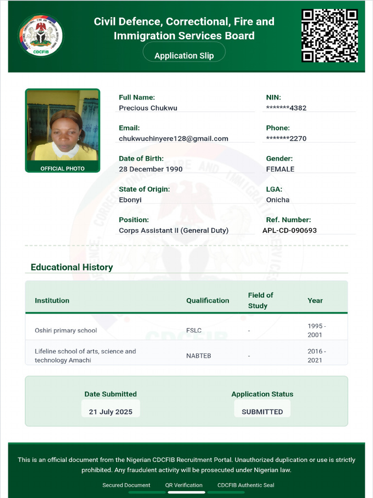 Precious Chinyere Chukwu Application Slip | PDF