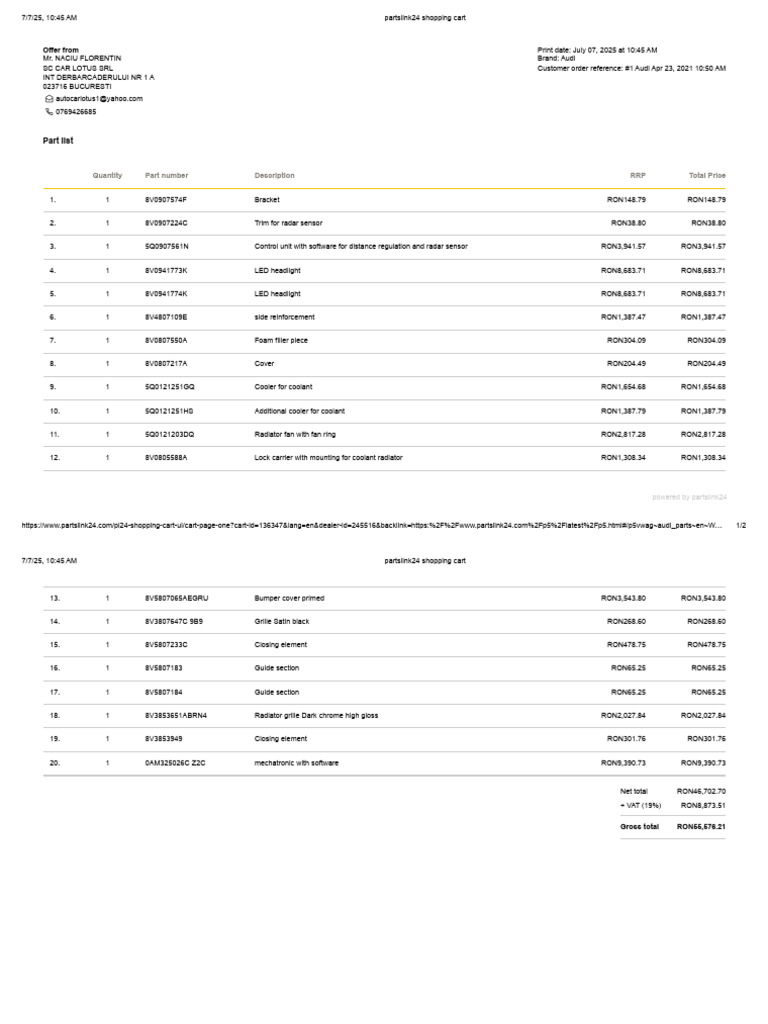 Audi Parts Order Summary | PDF | Car | Land Vehicles