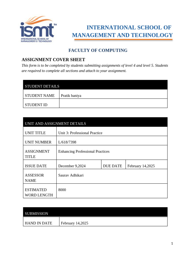 Assignment Cover Sheet for ISMT | PDF | Communication | Emotional ...
