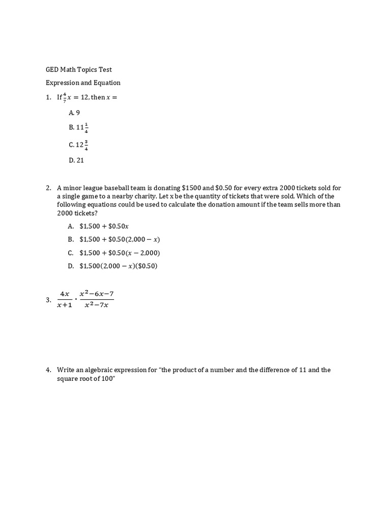 GED Math Topics Test - Expression and Equation | PDF
