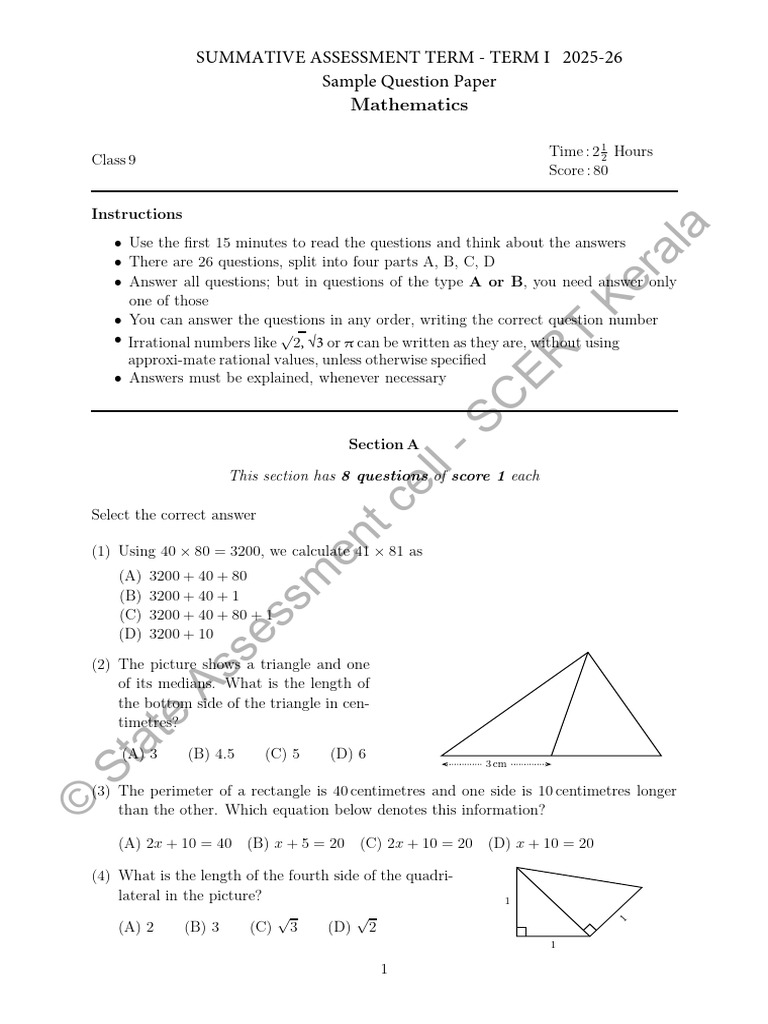 STD 9 First Term Exam Latest Model Paper by SCERT - Mathematics EM ...
