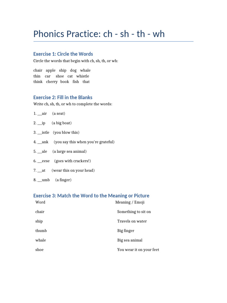 Phonics Practice CH SH TH WH | PDF