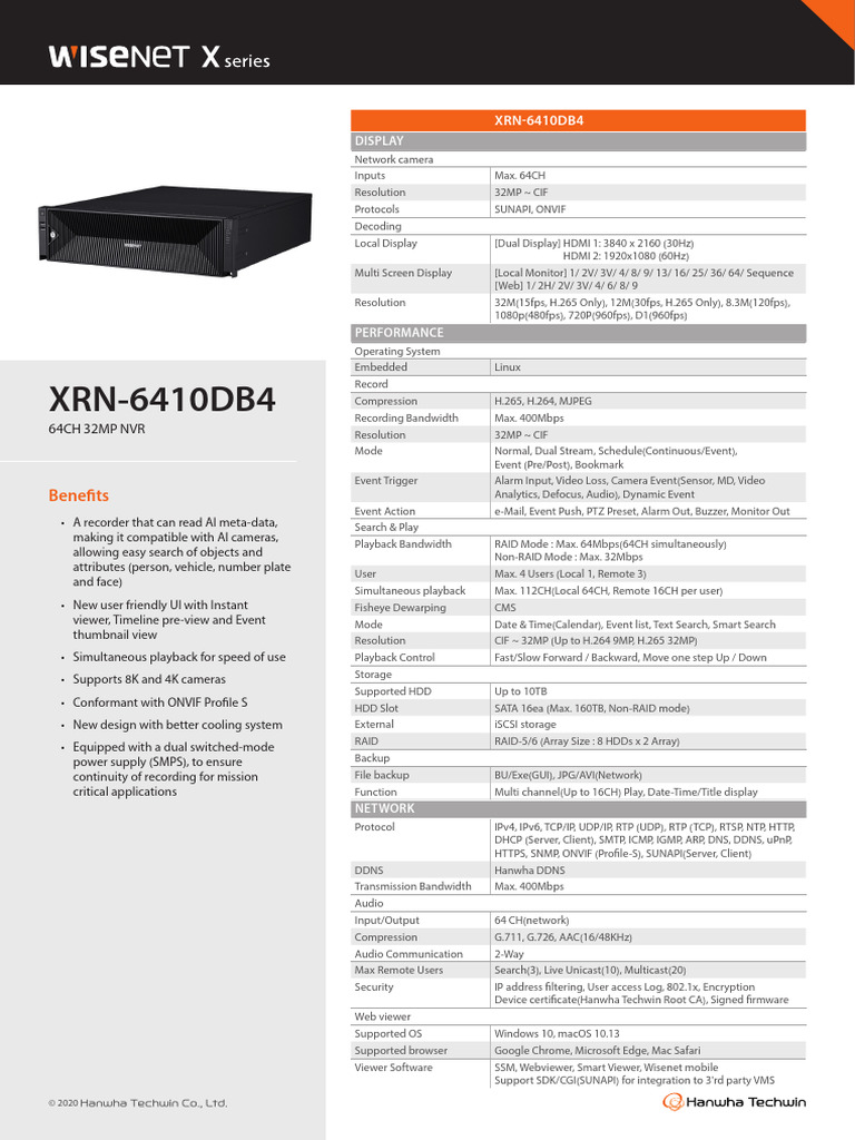 XRN-6410DB4: 64CH 32MP NVR Overview | PDF | Internet Protocols ...