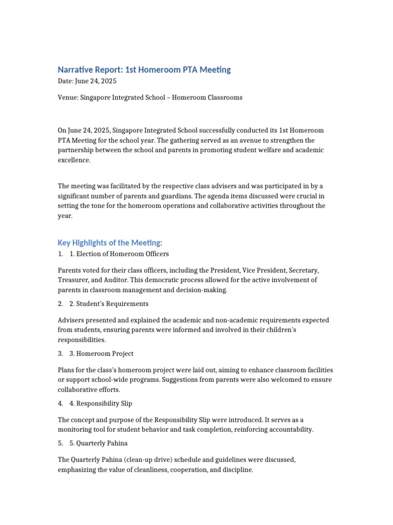 1st PTA Meeting Highlights 2025 | PDF | Behavior Modification | Learning