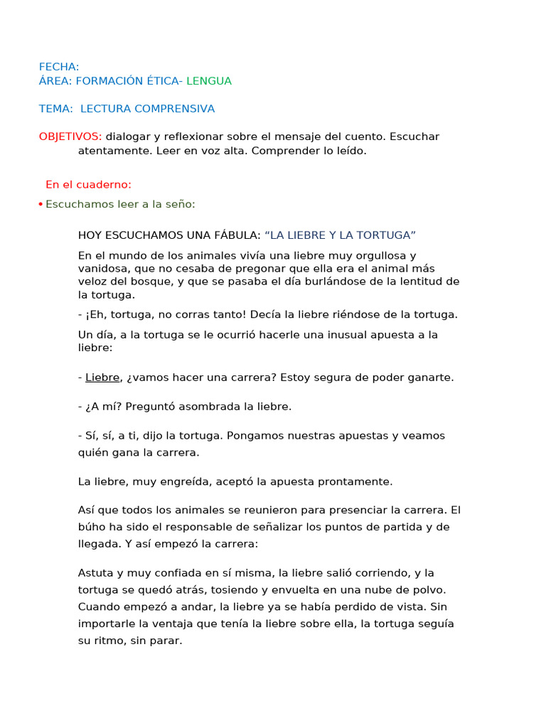 Secuencia de "La liebre y la tortuga" | PDF