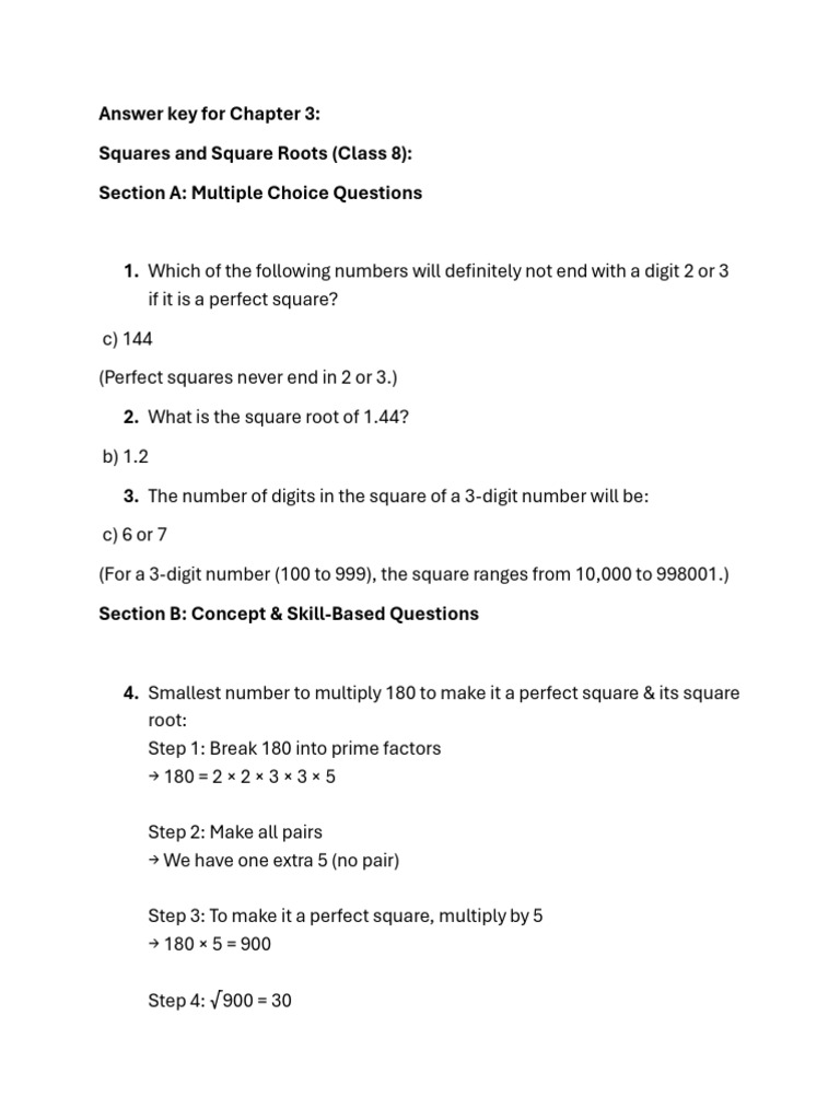 Class 8 Square Roots Answer Key | PDF | Square Root | Area