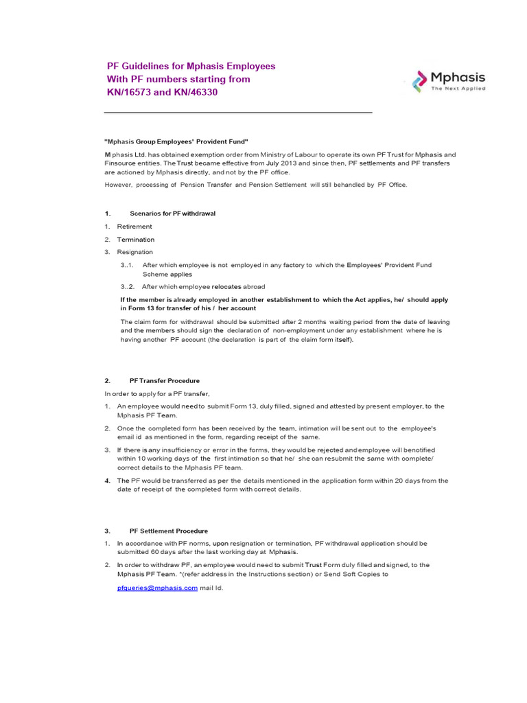 PF Guidlines and Forms For Mphasis and Finsource Employees | PDF ...