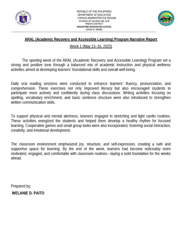 Narrative Report Aral Program Paito | PDF | Learning | Reading ...
