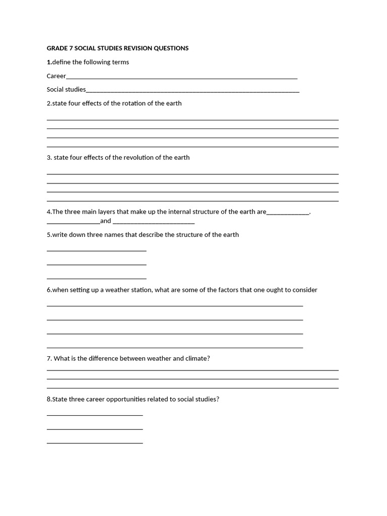 Grade 7 Social Studies Revision Questions | PDF | Earth | Chess Openings