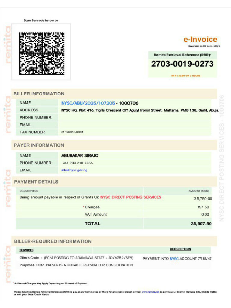 Nysc PCM Direct Posting 57642 RRR | PDF