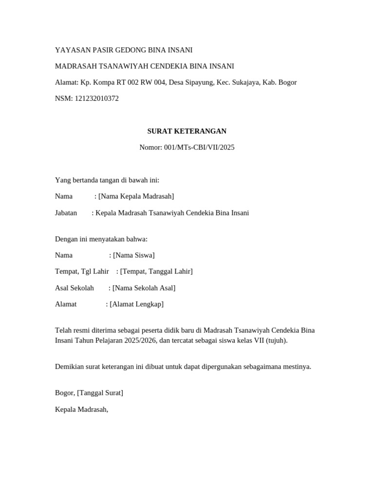 Surat Keterangan Penerimaan Siswa MTs CBI | PDF