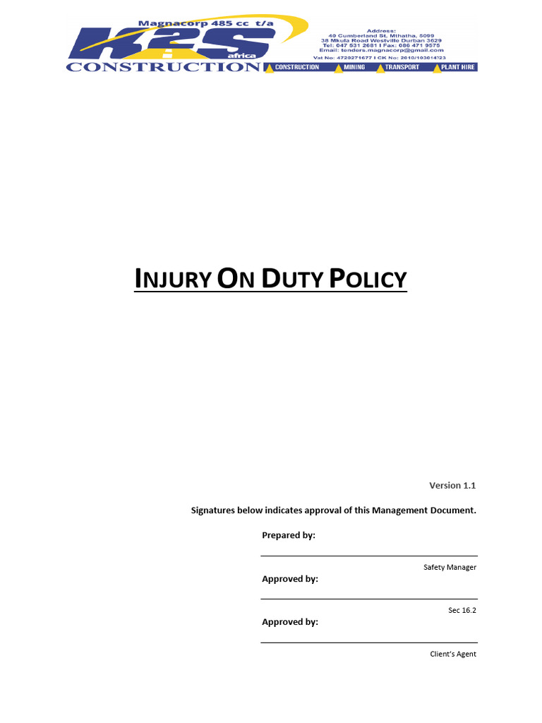 Policy - Injury On Duty (IOD) - 2021 | PDF | Occupational Safety And ...