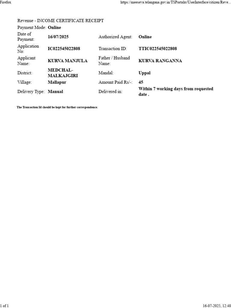 Income Certificate Receipt Details | PDF