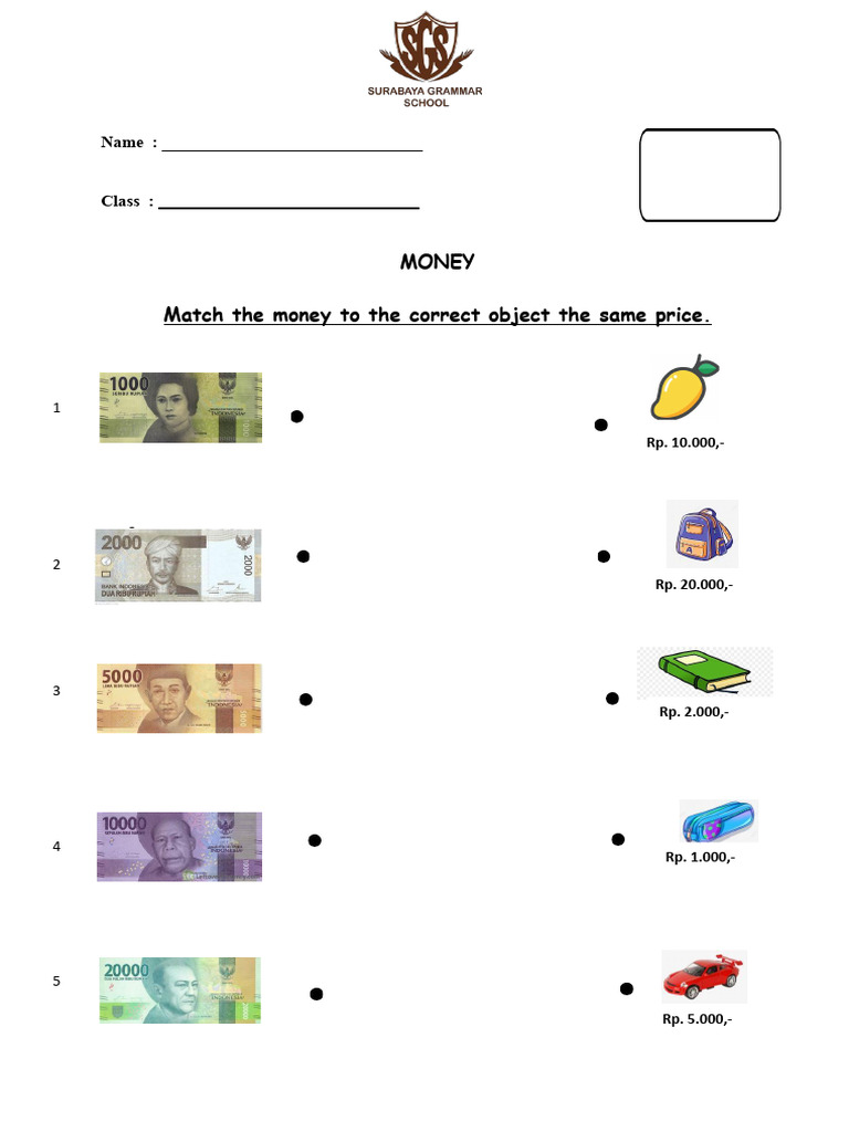 Money Match The Money To The Correct Object The Same Price.: Name ...