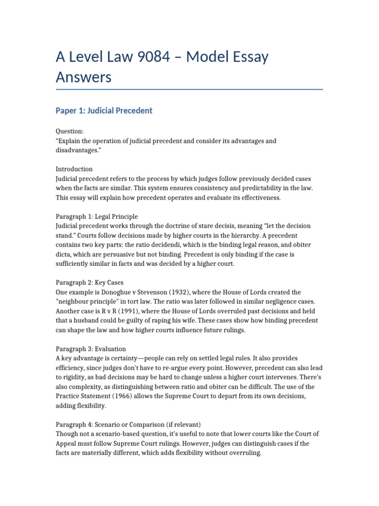 A Level Law 9084 Essay Answers | PDF | Precedent | Battery (Crime)