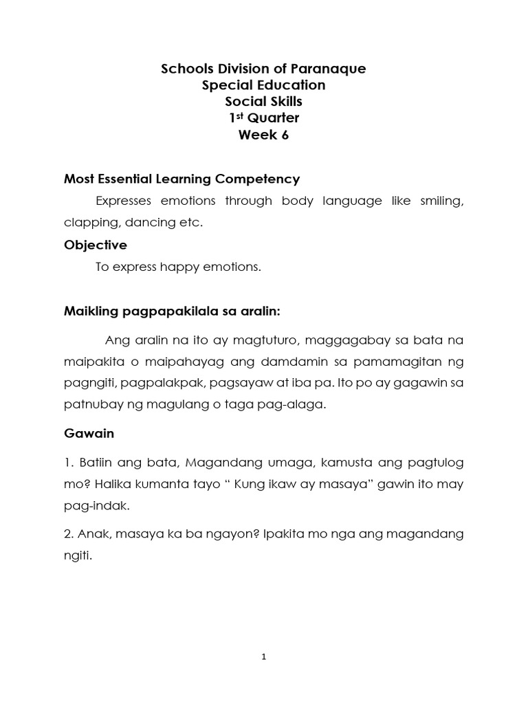 Social Skills - SPED - ID - Quarter 1 - Module 6 - Week 6 | PDF