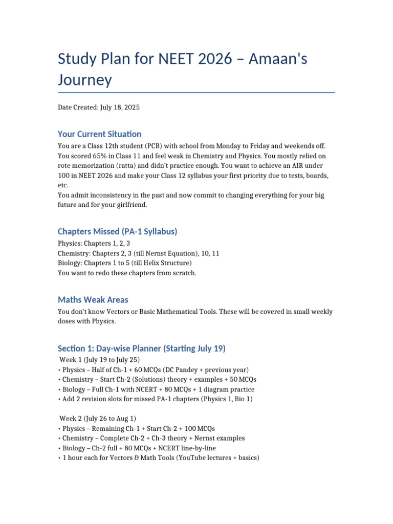 Study Plan NEET 2026 Amaan | PDF