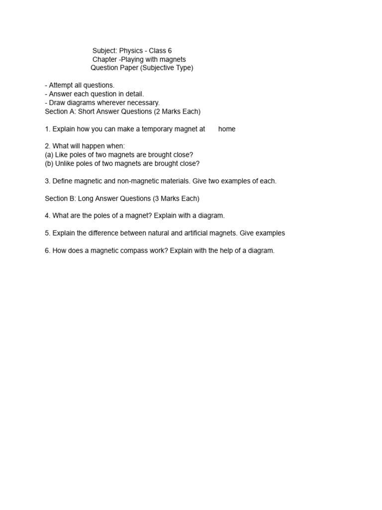 Class 6 Physics: Magnetism Question Paper | PDF