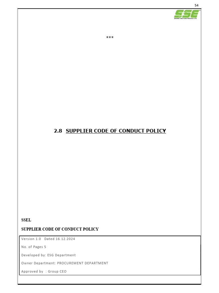 SSEL Supplier Code of Conduct Policy | PDF | Employment | Supply Chain