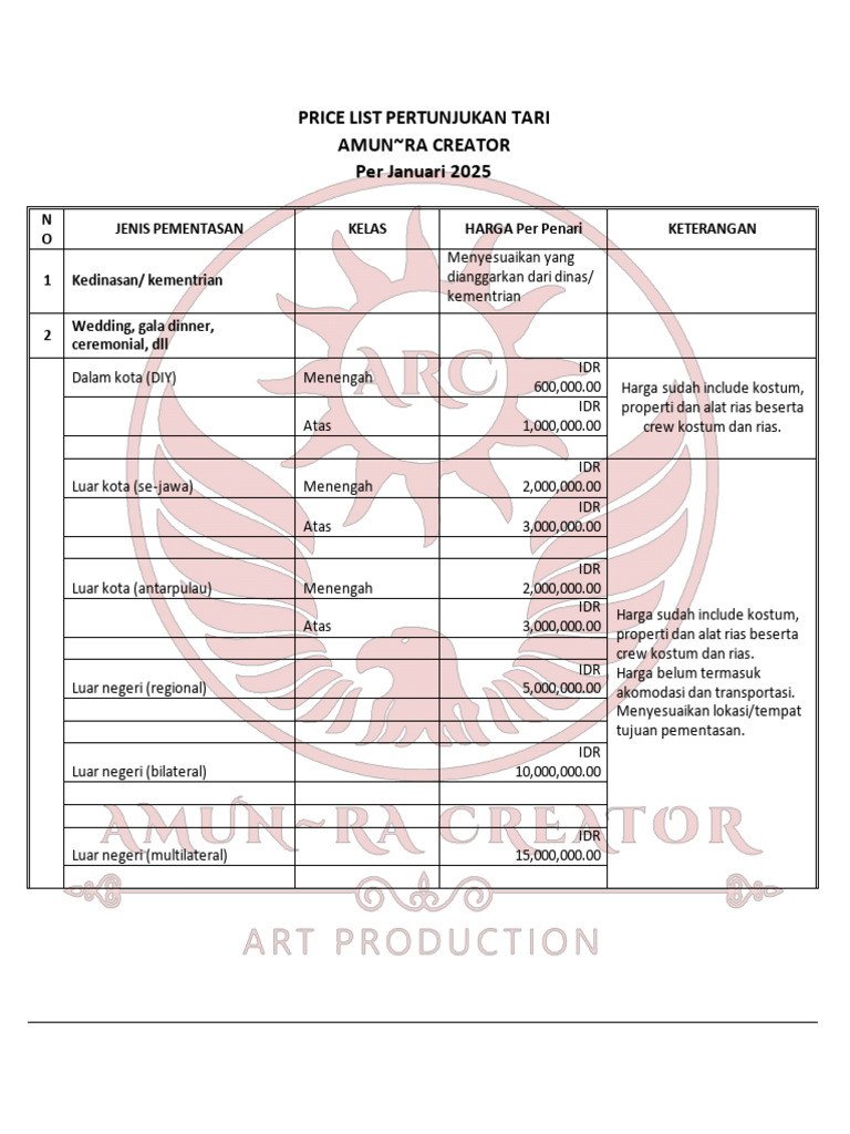 Price List Pertunjukan Tari - Amun Ra-1 | PDF