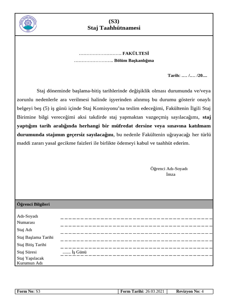 S3 Staj Taahhütnamesi | PDF