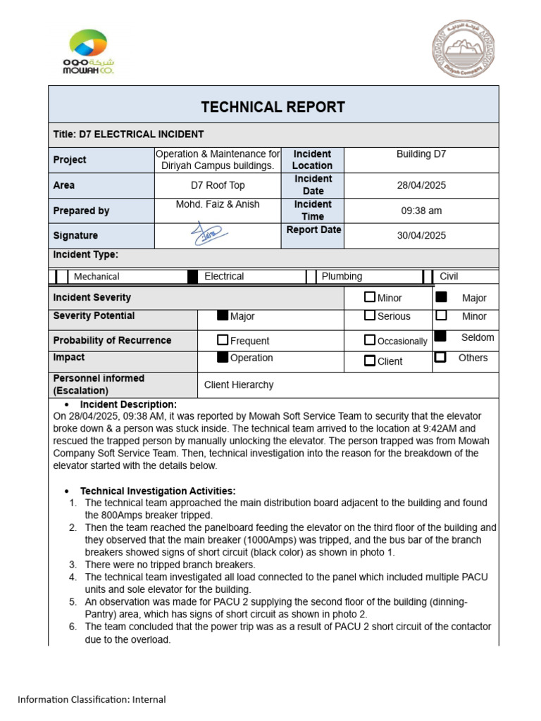 d7 Electrical Incident Report - 30.04.2025 | PDF | Elevator | Relay