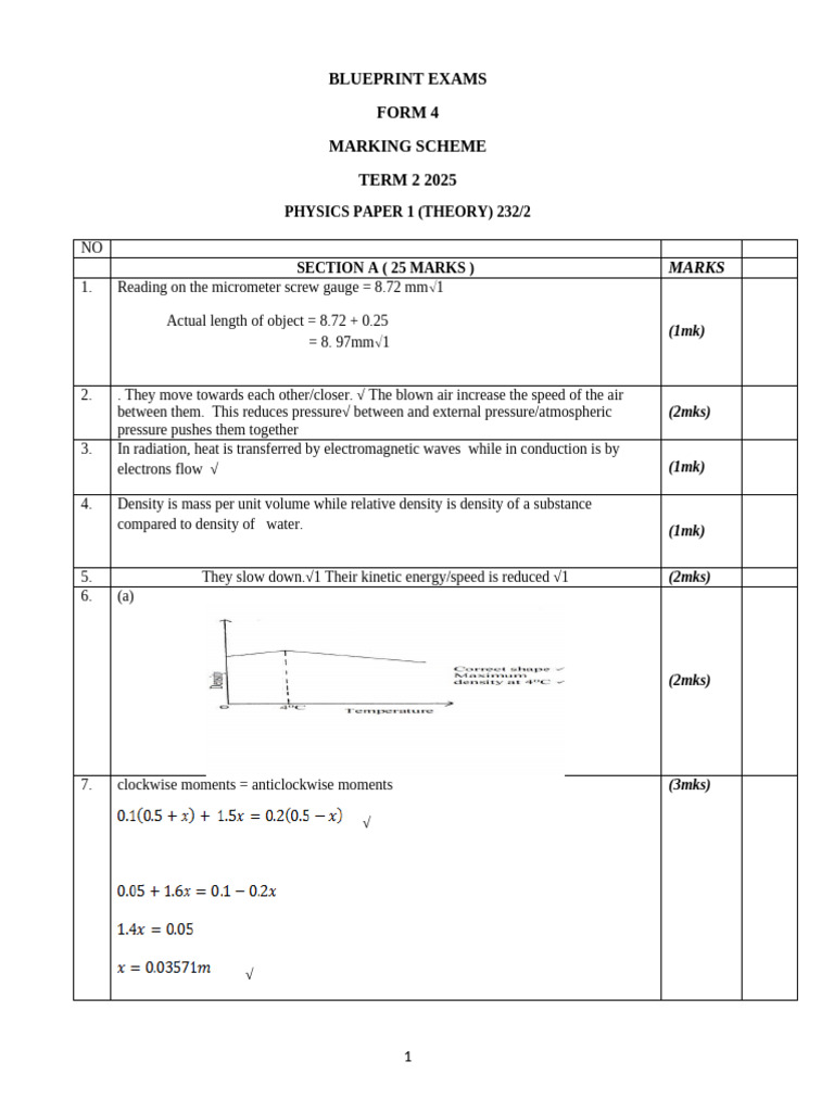 Form 4 Physics Term 2 Marking Scheme | PDF | Density | Water
