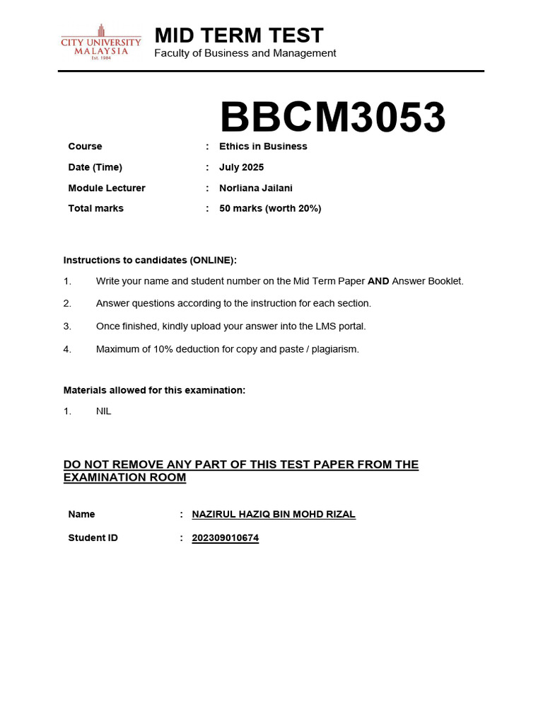 Answer Midterm Bbc3053 | PDF | Corporate Social Responsibility | Utilitarianism