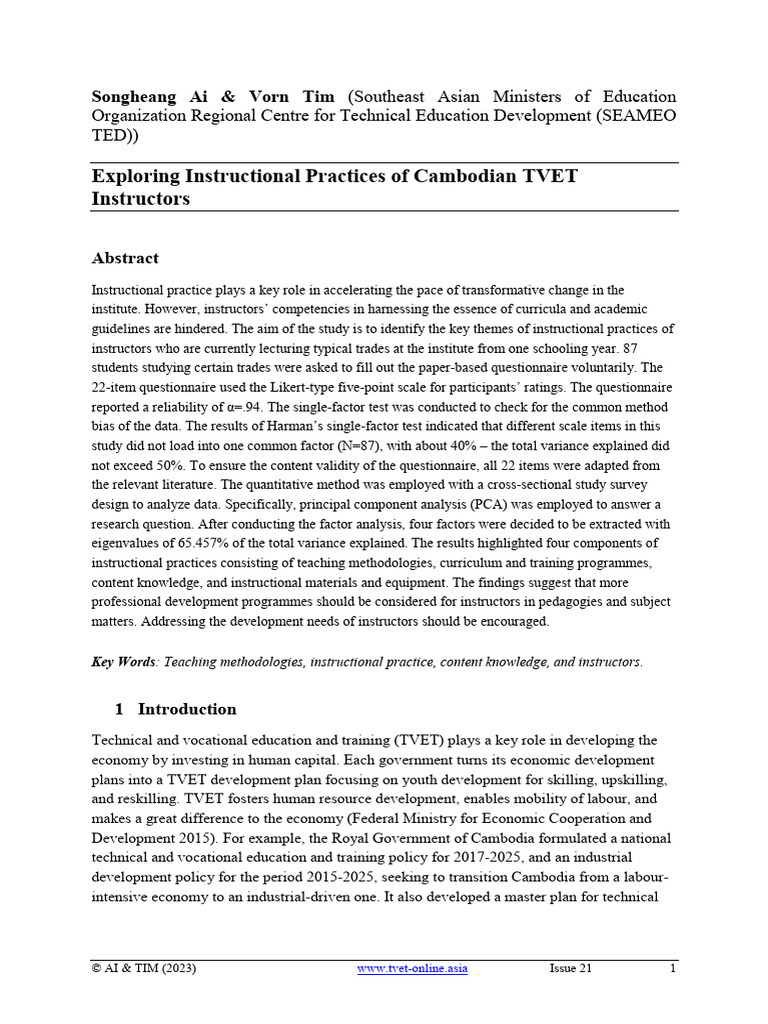 Exploring Instructional Practices of Cambodian TVET Instructors | PDF ...
