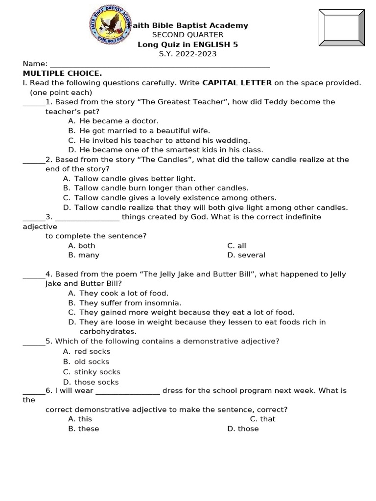 English 5 2nd Quarter Long Quiz | PDF | Pronoun | Semantic Units