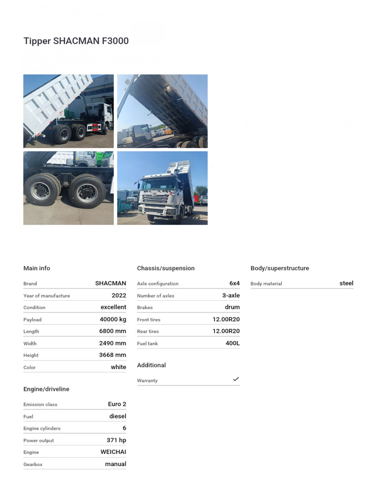 22 500 USD 161 500 RMB: Tipper SHACMAN F3000 | PDF | Truck | Motor Vehicle